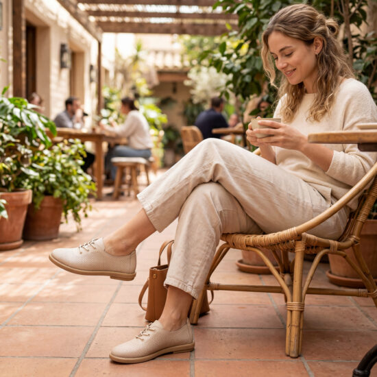 Scarpe beige da donna in pelle traforata